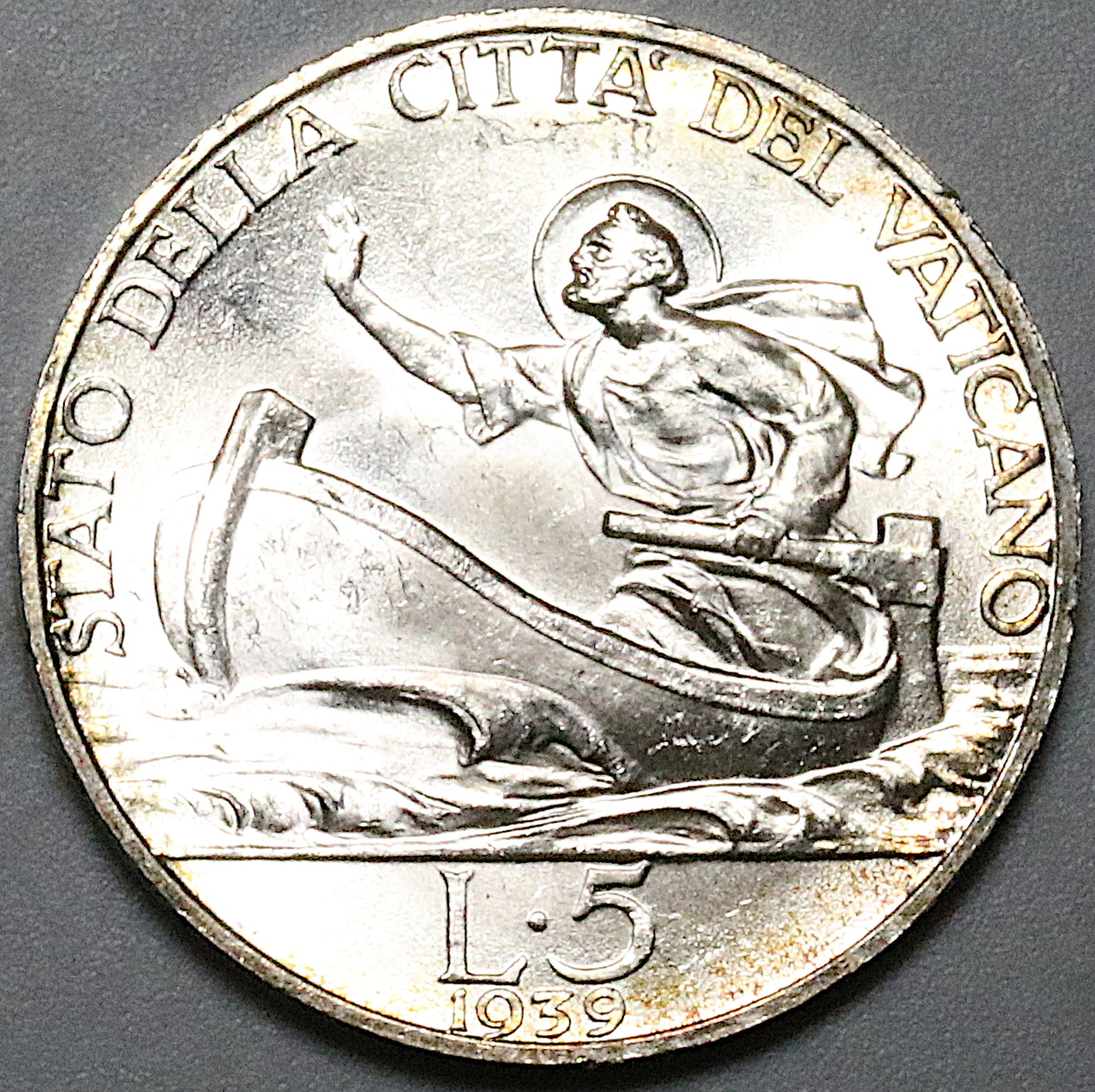 1939 Vatican City 5 Lire St Peter Boat Rome Mint GEM BU Silver Coin (2 – Caesar's Ghost Numismatics