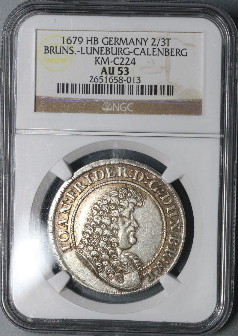 1679 NGC AU 53 Brunswick Luneberg Island/Palm Tree 2/3 Taler POP 1/0 ( – Caesar's Ghost Numismatics