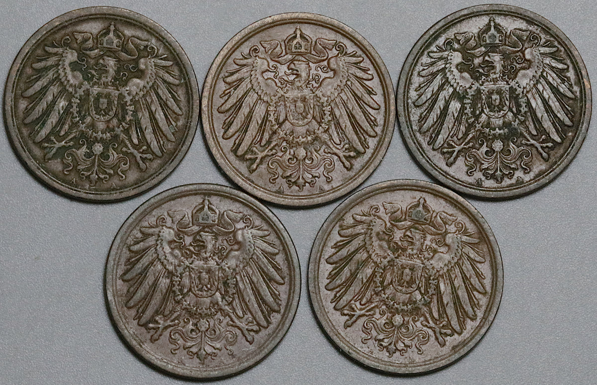 1908 1915 Germany 2 Pfennig Berlin Kaiser Reich Five Different Copper ...