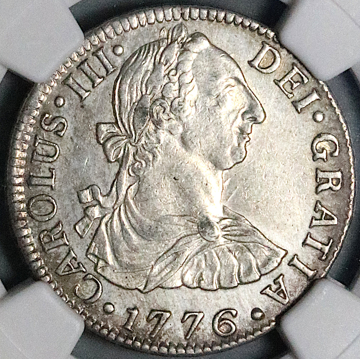 1776 NGC AU Mexico 2 Reales Charles III Spain Colonial Revolution Silv ...