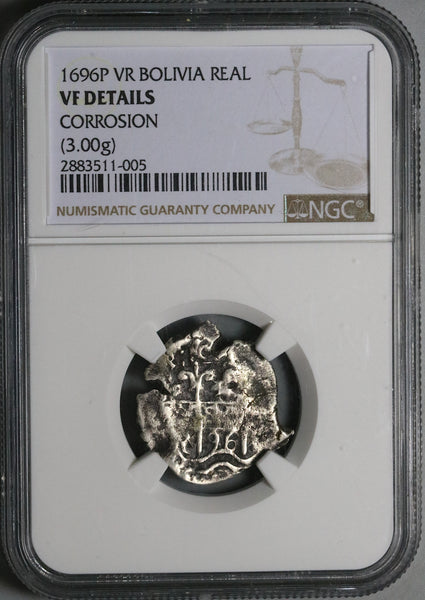 1696 NGC VF Bolivia Cob 1 Real Potosi Charles II Spain Colonial Silver ...