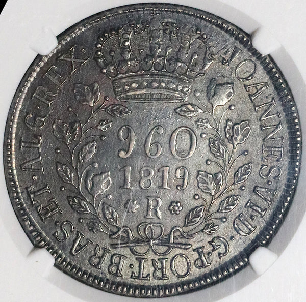 1819-R NGC AU 58 Brazil 960 Reis Overstruck Chile Peso 1818/7 Volcano ...