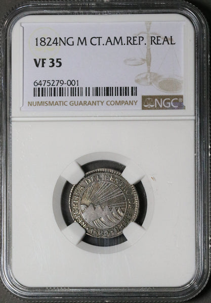 1824-NG NGC VF 35 Central American Republic 1 Real Guatemala Silver Co ...