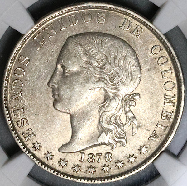 1878/4 NGC AU 55 Colombia 5 Decimos Medellin 50 Centavos Silver Coin P ...