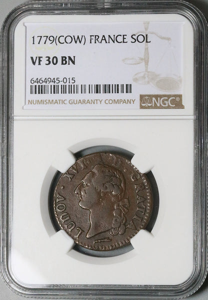 1779-Cow NGC VF 30 Rare France Louis XVI Sol Pau Mint Royal Coin POP 1 ...