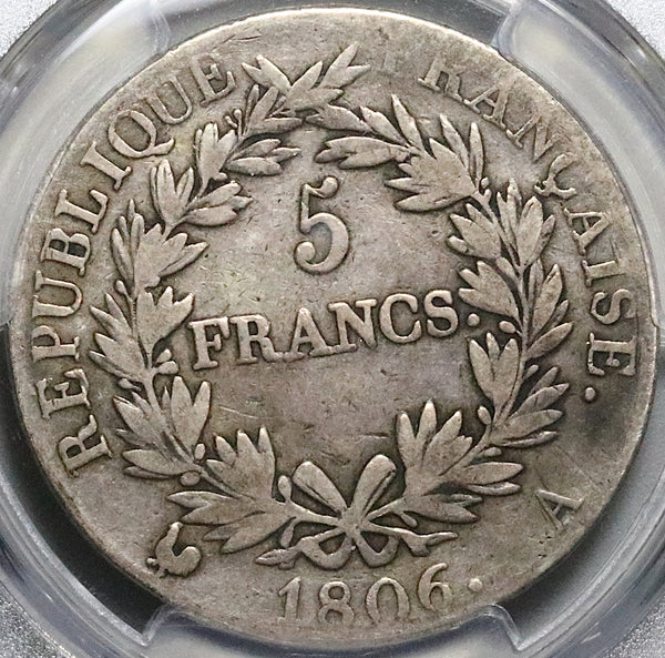 1806-A PCGS F 15 France 5 Francs Napoleon I Paris Mint Silver Coin (22 ...