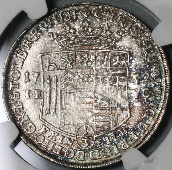 1752 NGC AU 58 STOLBERG Silver 1/3 Taler Stag German State Coin POP 1 ...