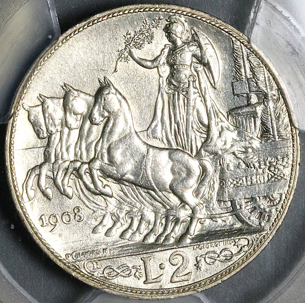 1908 PCGS AU 55 Italy 2 Lire Horses Chariot Silver Coin (22090402D ...