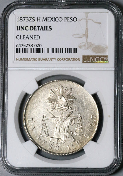 1873-Zs NGC UNC Mexico Un Peso Zacatecas Mint Silver Coin (22113001C ...