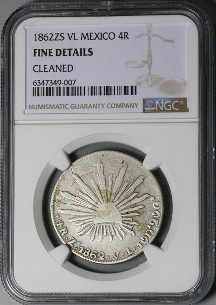 1862-Zs NGC Fine Mexico 4 Reales Zacatecas Mint Cap Rays Silver Coin ...