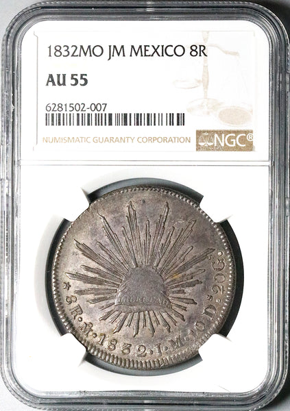1832-Mo NGC AU 55 Mexico 8 Reales Cap Rays Silver Dollar Coin (2304220 – Caesar's Ghost Numismatics