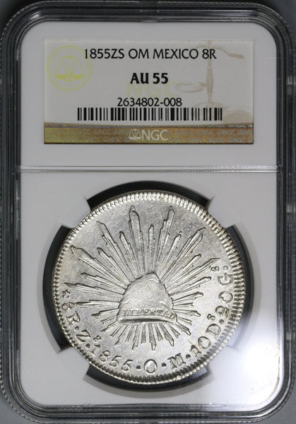 1855-Zs OM NGC AU 55 Mexico 8 Reales Silver Dollar Cap Rays Coin (2104 – Caesar's Ghost Numismatics