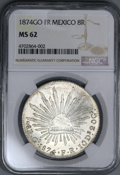 1874-Go NGC MS 62 Mexico 8 Reales Mint State Flashy Mint State Silver – Caesar's Ghost Numismatics