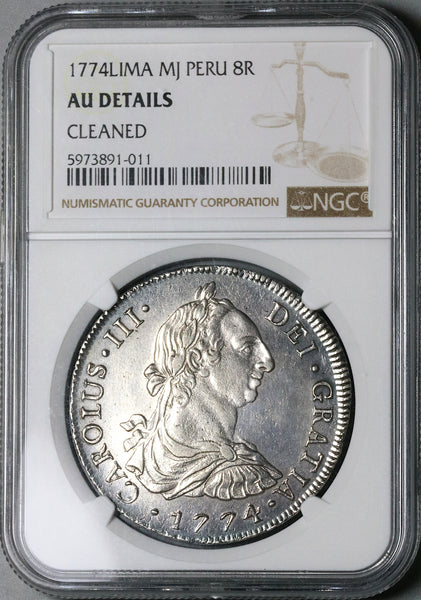 1774 NGC AU Peru 8 Reales Charles III Lima Pillars Silver Dollar Coin ...