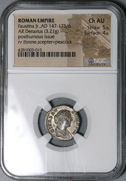 176 NGC Ch AU Faustina Jr Roman Empire Denarius Throne Peacock Consecr ...