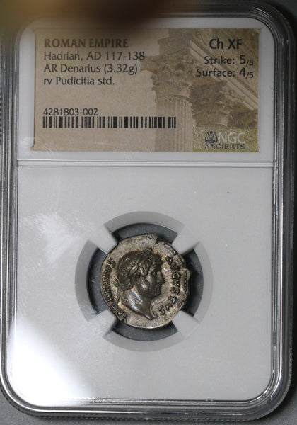 125 NGC Ch XF Hadrian Roman Empire Denarius Goddess Pudicitia 5/5 4/5 ...
