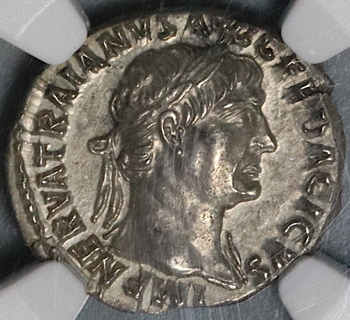 106 NGC Ch AU Trajan Roman Empire Denarius Parthian Victory Captive Tr ...