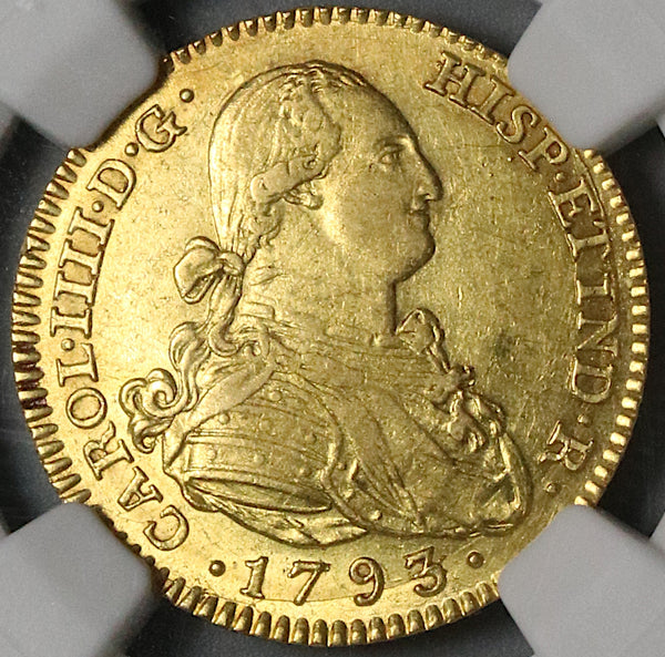 1793 NGC AU 58 Spain 2 Escudos Charles IV Madrid Gold Coin (22120501D ...