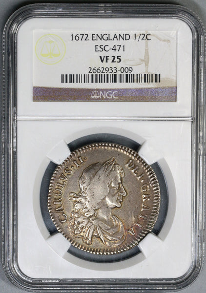 1672 NGC VF 25 Charles II Silver 1/2 Crown Rare Great Britain England ...