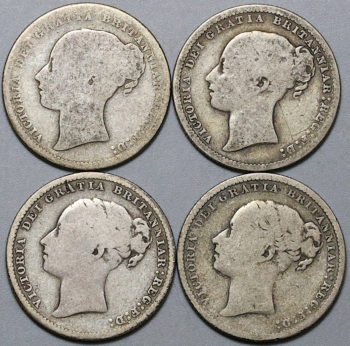 1872 1874 1880 1885 Victoria Shilling Great Britain Sterling 4 Silver ...