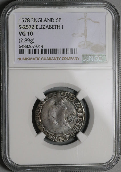 1578 NGC VG 10 Elizabeth I 6 Pence Britain England Tudor Hammered Silv ...